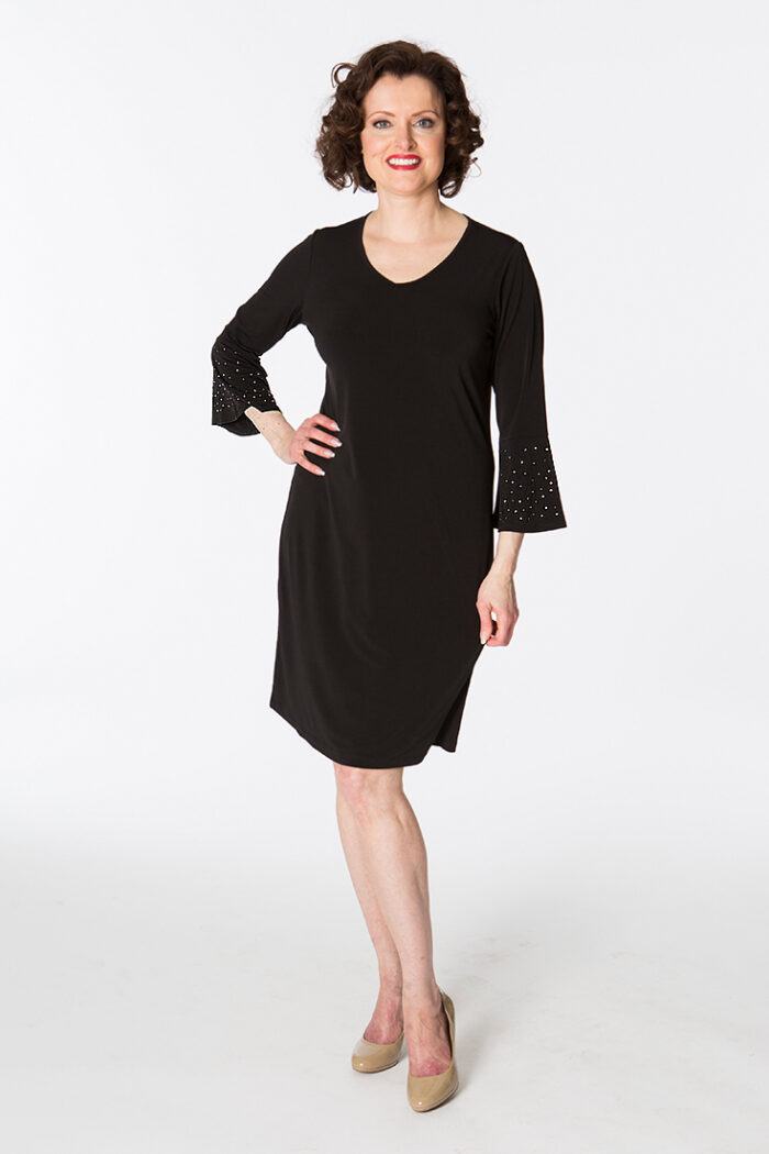 NEW - Quacker Factory Stretch Knit Dress with Rhinestone Bell-Sleeves!