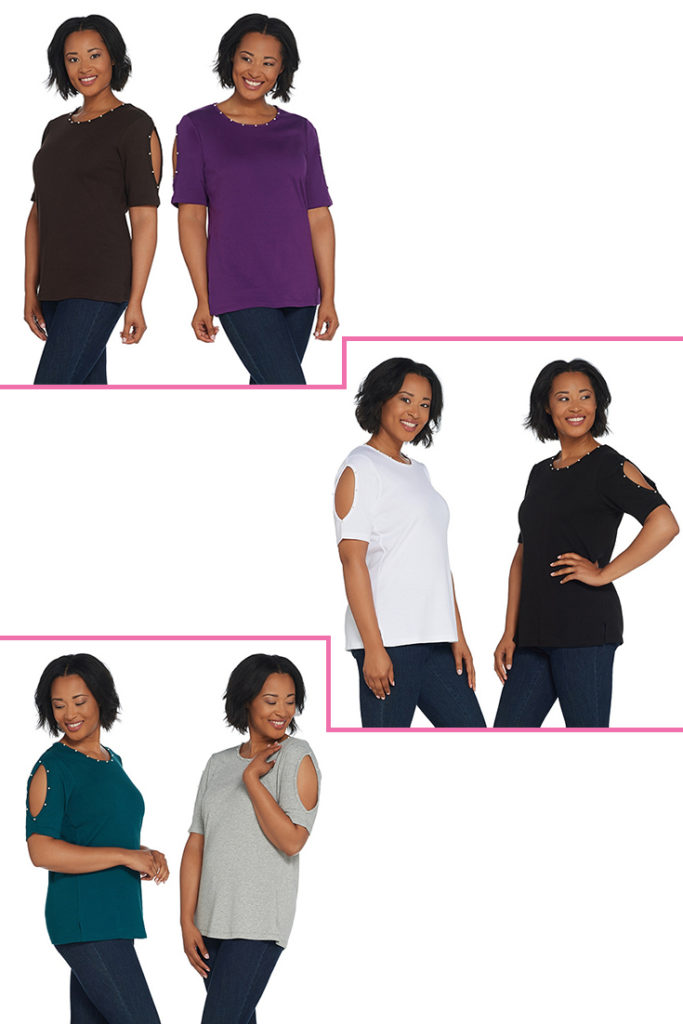 NEW - Quacker Factory Set of Two Knit T-Shirts w Faux Pearl Detail!